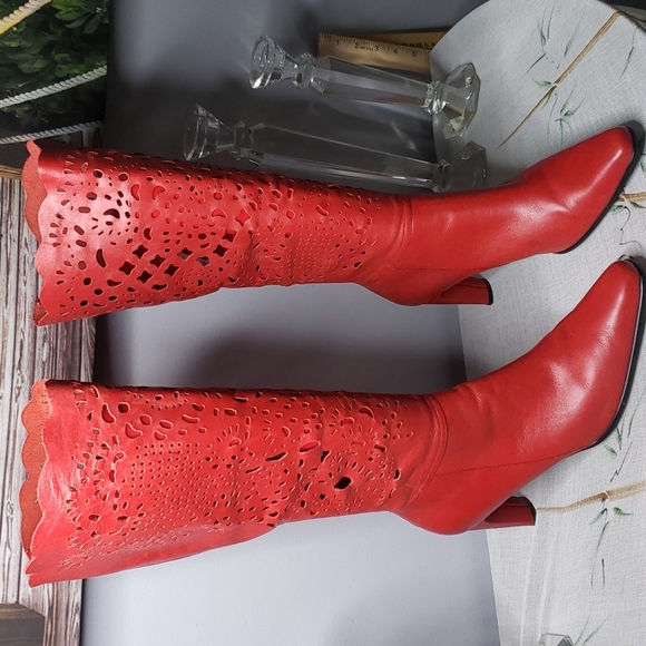 Bellini | Shoes | Bellini Red Leather Laser Cut Boots | Poshmark